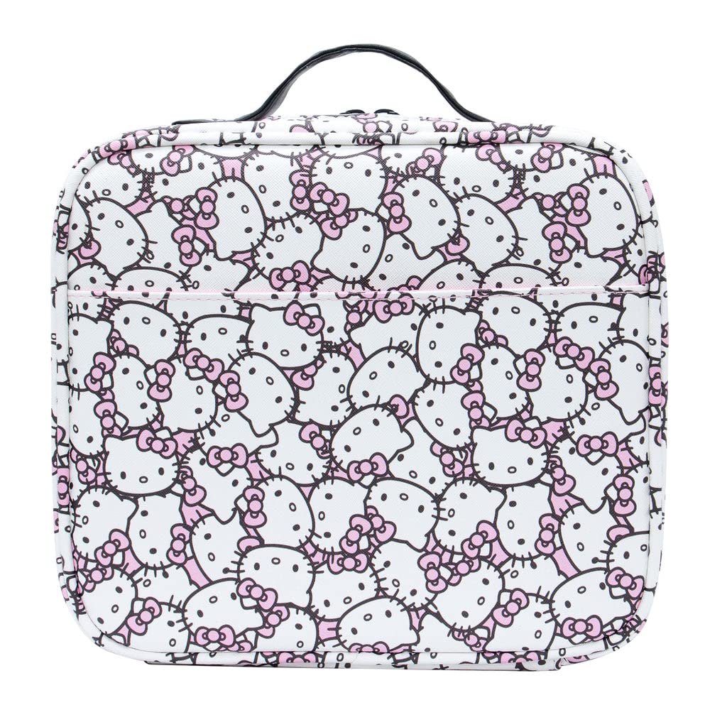 Impressions Vanity Hello Kitty Cosmetic Bag with Faux Leather,Travel Toiletry Bag with Inside Zipper Pockets, Waterproof Reusable Large Cosmetic Makeup Vanity Organizer (White/Pink)