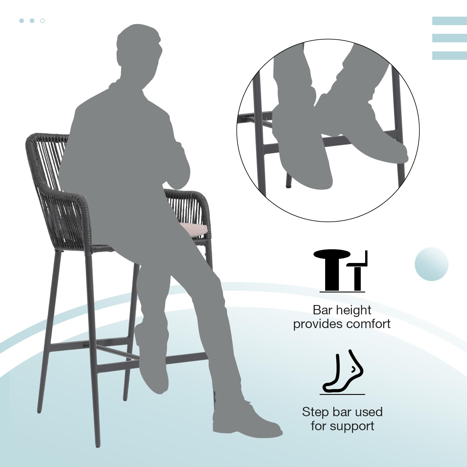 COBANA Outdoor Bar Stools Set of 2, Bar Height Patio Chairs with High Back, Footrest and Armrest, Beige