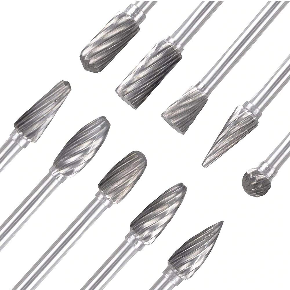 Eyech 10pc Tungsten Carbide Burr Set 1/4" Shank Double Cut Rotary Cutting Burr Set Die Grinder Bits for Steel Metal Wood Woodworking Carving, Polishing, and Engraving