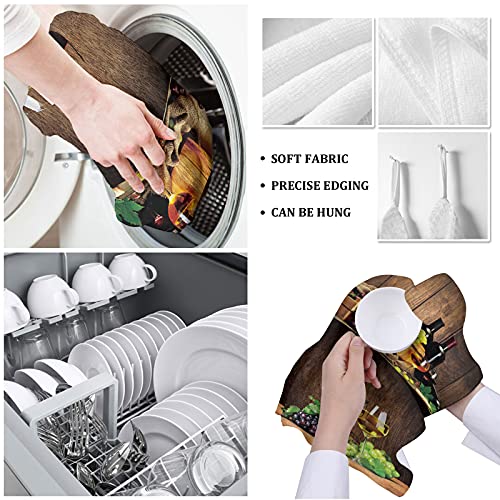 BEKYONEE Kitchen Towels 4 Pack 18×28in-Super Absorbent Dish Cloth Wine Grape Glass and Barrel Soft Dish Towel for Home Drying Dishes Vintage Wooden Board Tea Bar Hand Towels Cleaning Cloths