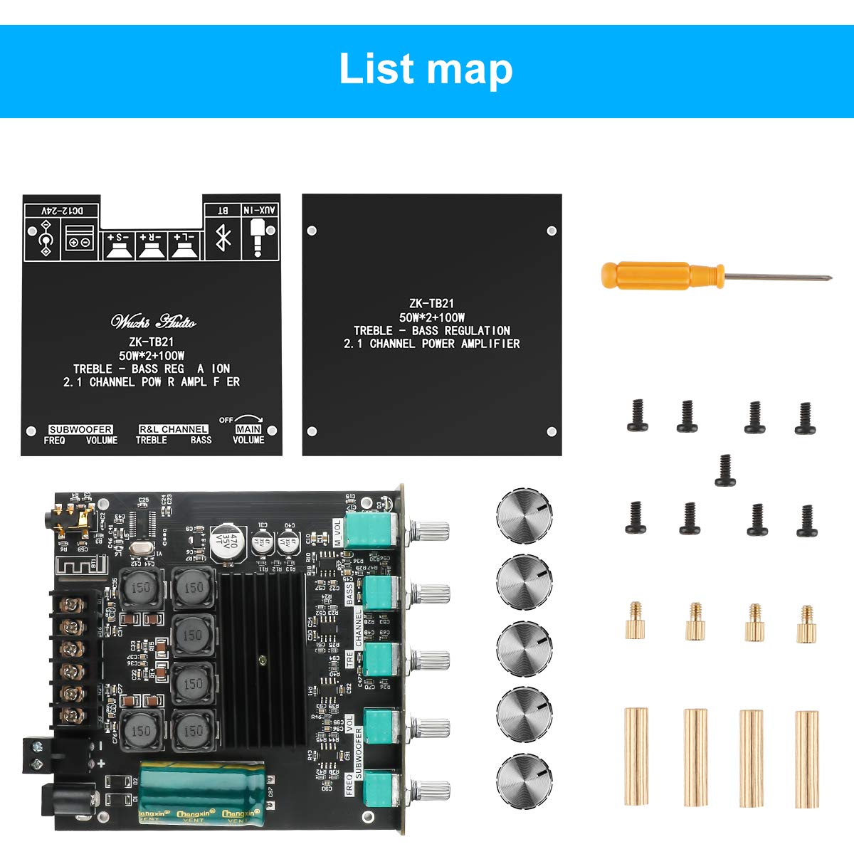 MakerHawk Bluetooth Amplifier Board HiFi Stereo 2.1 TPA3116D2 2X50W+100W 12V-24V Audio Power Amplifier Module Bass and Treble Control for Store Home Theater Speakers (ZK-TB21)