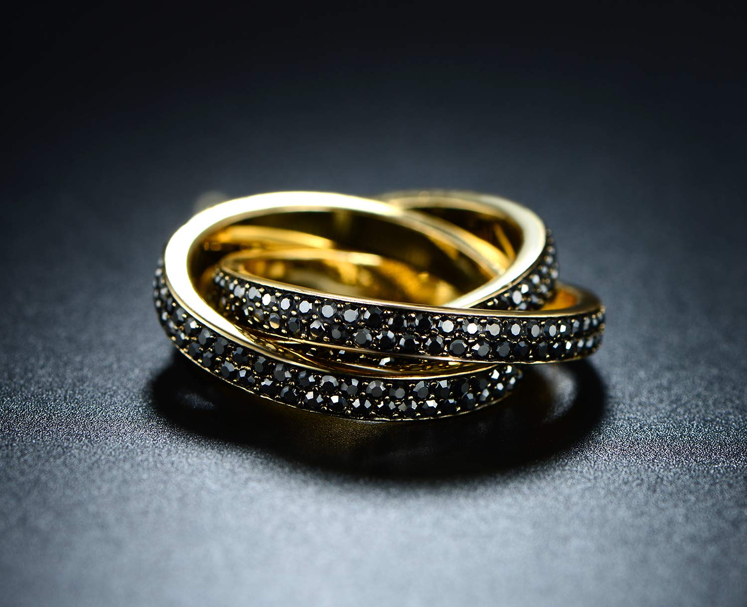 Barzel 18K Gold Plated Cubic Zirconia Rolling Rings (Gold with Black Stones, 8)