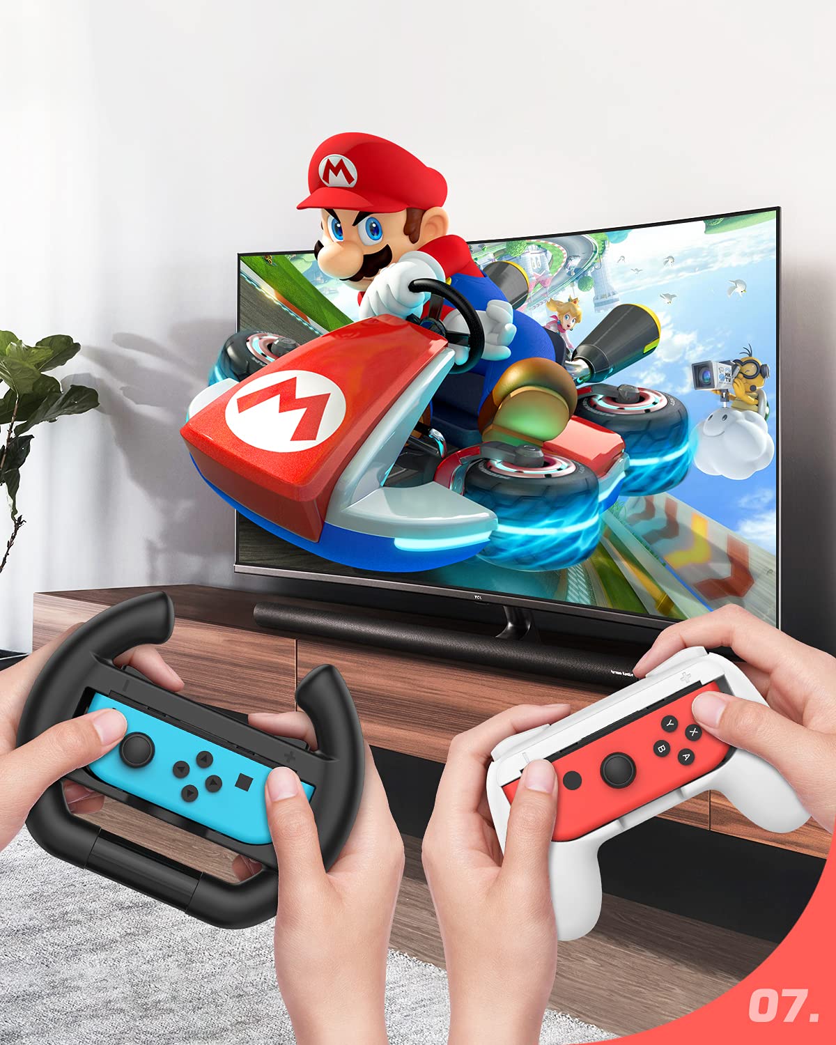 MoKo Steering Wheel & Grips for Nintendo Switch OLED 2021/Switch Joy-Con Controllers, 2 Pack Mariokart Racing Steering Wheel & 2 Pack Comfort Hand Grip Handle Kit for Mario Kart 8 Deluxe, Black&White