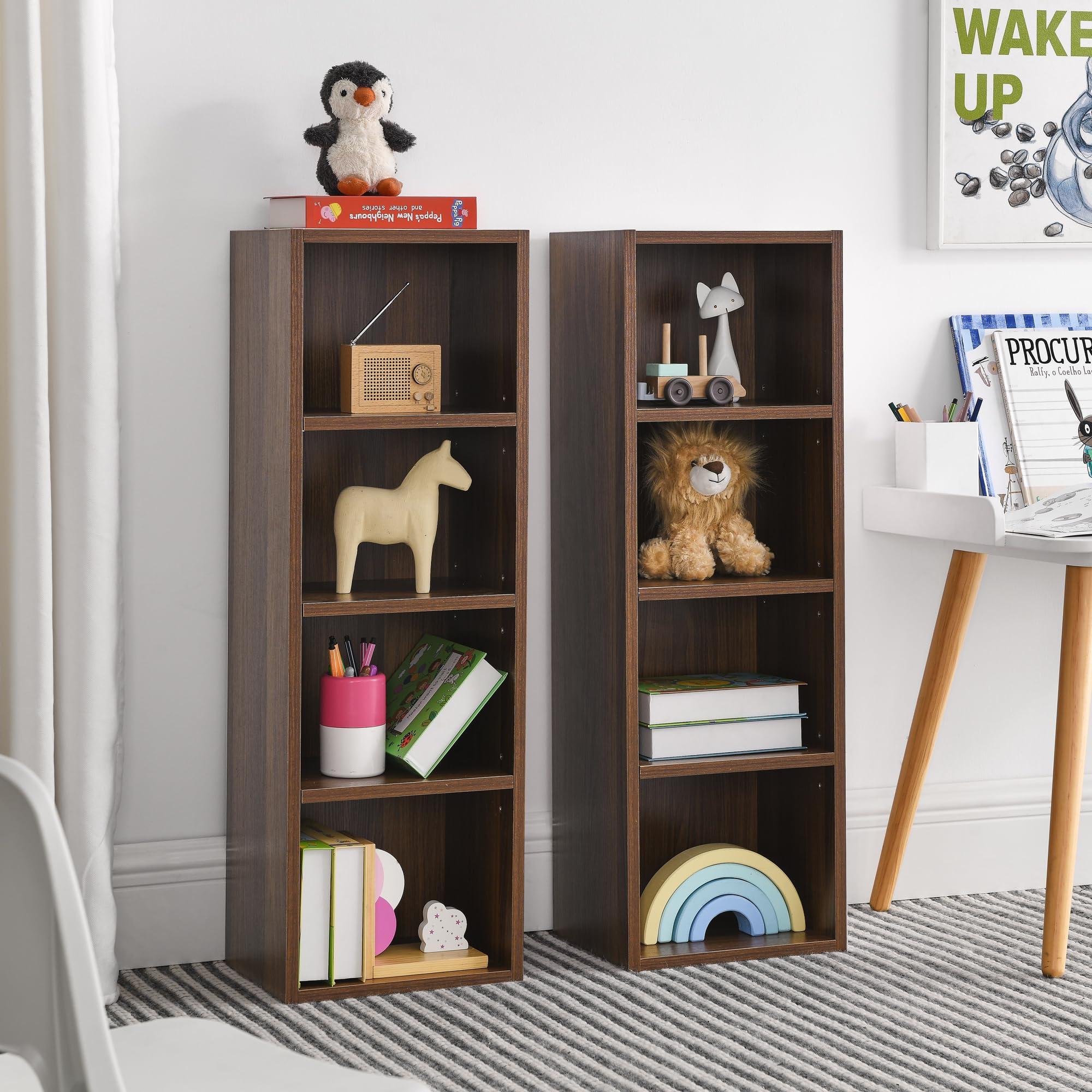 DESIGNER97 8-Tier Media Tower Rack CD DVD Slim Storage Cabinet Adjustable Shelves Tall Narrow Bookcase Display Bookshelf Multi-Functional Double-Decker Bookcase Walnut