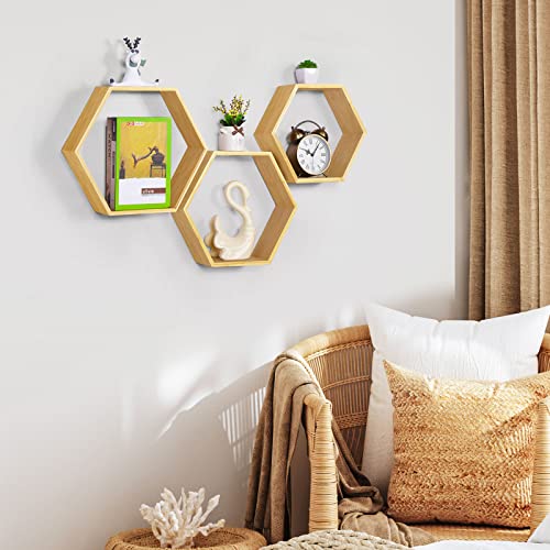 Floating Hexagon Shelves Set of 3 Hexagonal Storage Shelves Bedroom Bamboo Wall Honeycomb Floating Shelf Display Storage Rack for Wall Decor Hexagon Shelves for Living Room Hallway Farmhouse