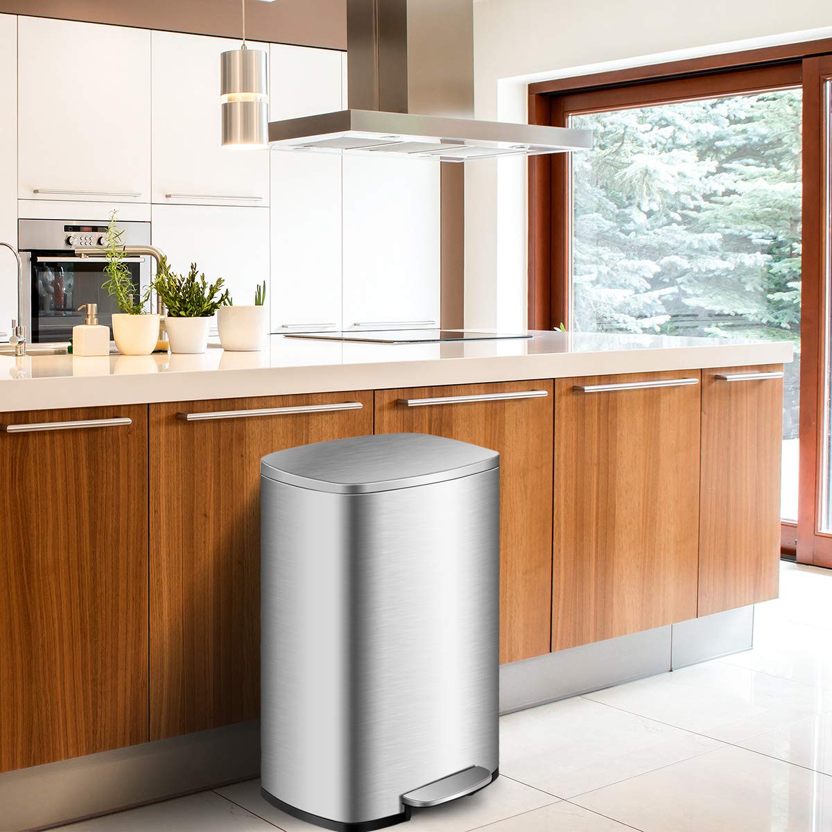 Goplus 13.2 Gallon/ 50 L Kitchen Trash Can, Anti-Fingerprint Touchless Waste Bin with Soft-Closing & Stay Open, Step-On Stainless Steel Garbage Can for Living Room Home Office