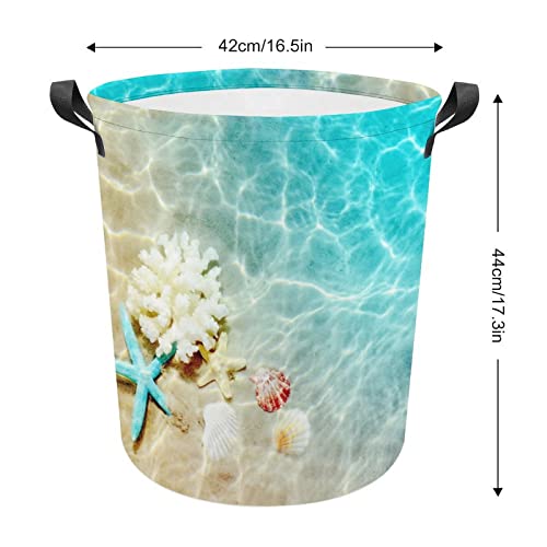 Starfish Coral and Seashell on Beach Foldable Laundry Basket Waterproof Hamper Storage Bin Bag with Handle 16.5"x 16.5"x 17"