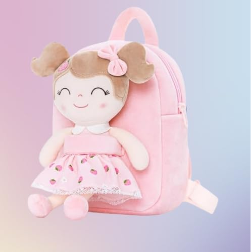 Gloveleya Kids Backpack for Girls backpacks Plush bag with Soft doll for Toddler baby Strawberry 9 Inches