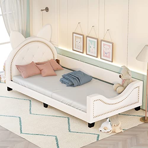 HAUSHECK Twin Size Toddler Montessori Bed with Carton Ears Shaped Headboard, Montessori Bed for for Kids Girls & Boys, Upholstered Bed Frame with Wooden Slats Support, Daybed No Box Spring Needed