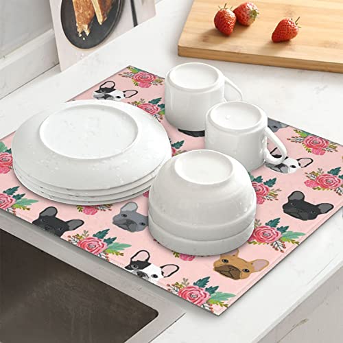 French Bulldog And flowers Printed Drying Mat For Kitchen Ultra Absorbent Microfiber Dishes Drainer Mats Non-Slip Silicone Quick Dry Pad - 18 X 16inch