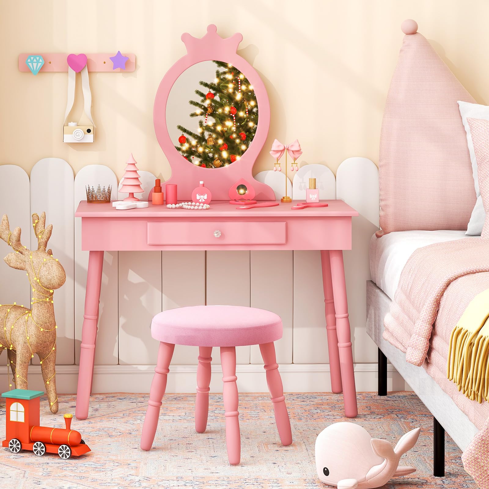 HONEY JOY Pink Crown Makeup Vanity, Includes Chair & Real Glass Mirror, Large Engineered Wood Kids' Vanity Set, Safe & Sturdy, Easy to Install & Clean, Pink