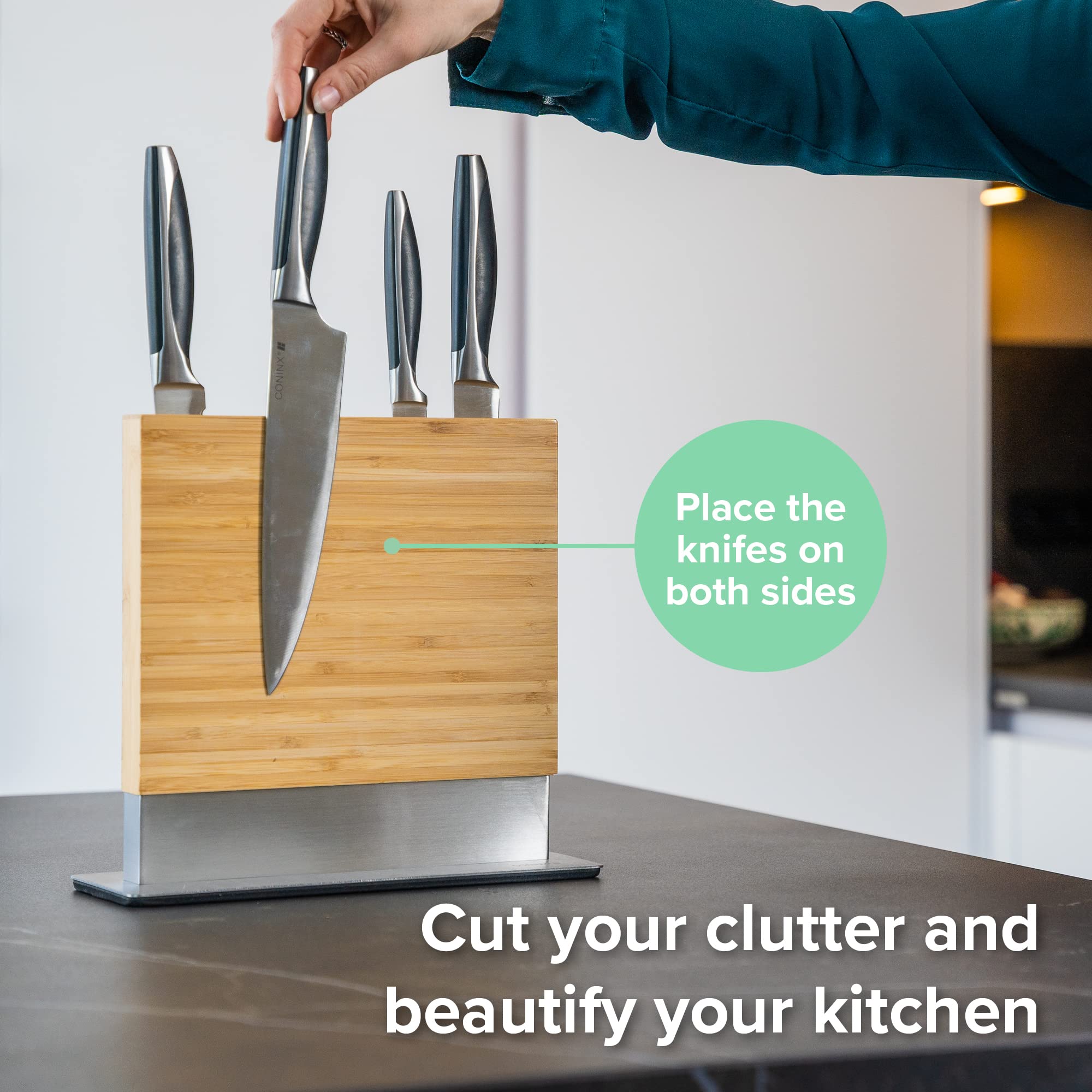 Coninx Double Sided Magnetic Knife Block - Magnetic Knife Holder - Knife Magnet - Bamboo Knife Holder - Knife Block without Knives - Magnetic Knife Stand (Bamboo Vertical)