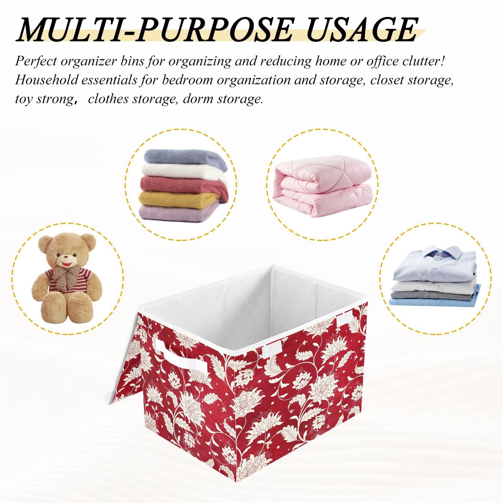 DIGTIA Chinese Traditional Flowers Storage Bins with Lids Red Background Foldable Storage Basket with Handles Collapsible Large Fabric Organizer Containers for Clothes Shelves Closet Office Home Bedro