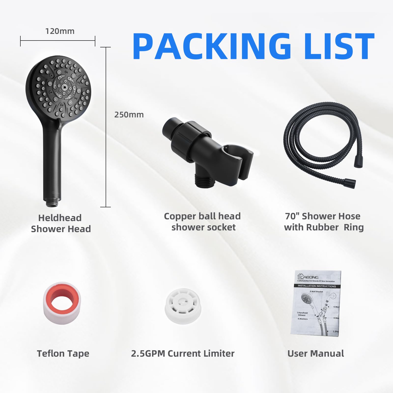 CABONG High Pressure Handheld Showerheads 4.7" Large, 70" SS Hose 10-Mode Portable Detachable Shower Head with Hard Water Filter for Bathroom, Anti-clog & Powerful to Clean Tile & Pets,Matte Black