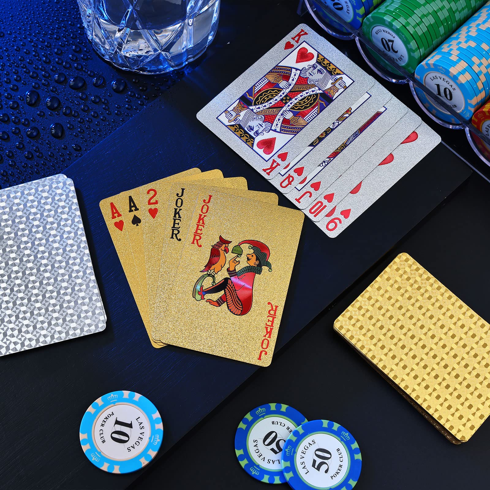 Joyoldelf 2 Decks of Playing Cards, 24K Foil Waterproof Playing Cards & Flexible Poker Cards with Box - Classic Magic Tricks Tool for Party, Game and Cardistry, 1 Gold + 1 Silver