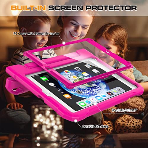MOXOTEK Kids Case for iPad 5th/6th Generation & iPad Air 1/2 & Pro 9.7, iPad 9.7" Case with Screen Protector, Shockproof Protective Cover for iPad 9.7 inch 6/5 Generation 2018/2017, Pink