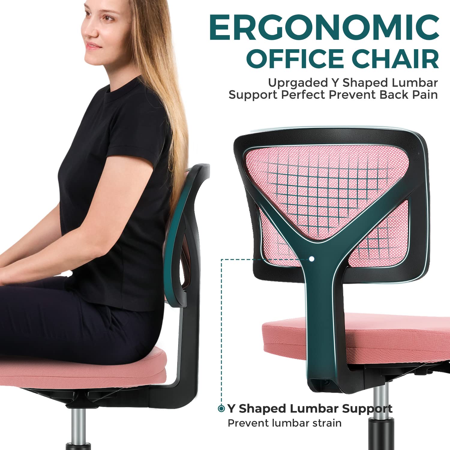 DUMOS Armless Desk Wheels Cute Home Office Chairs, Ergonomic Adjustable Swivel Rolling Task, Comfy Mesh Mid Back Computer Work Vanity Chair for Small Spaces, Light Pink