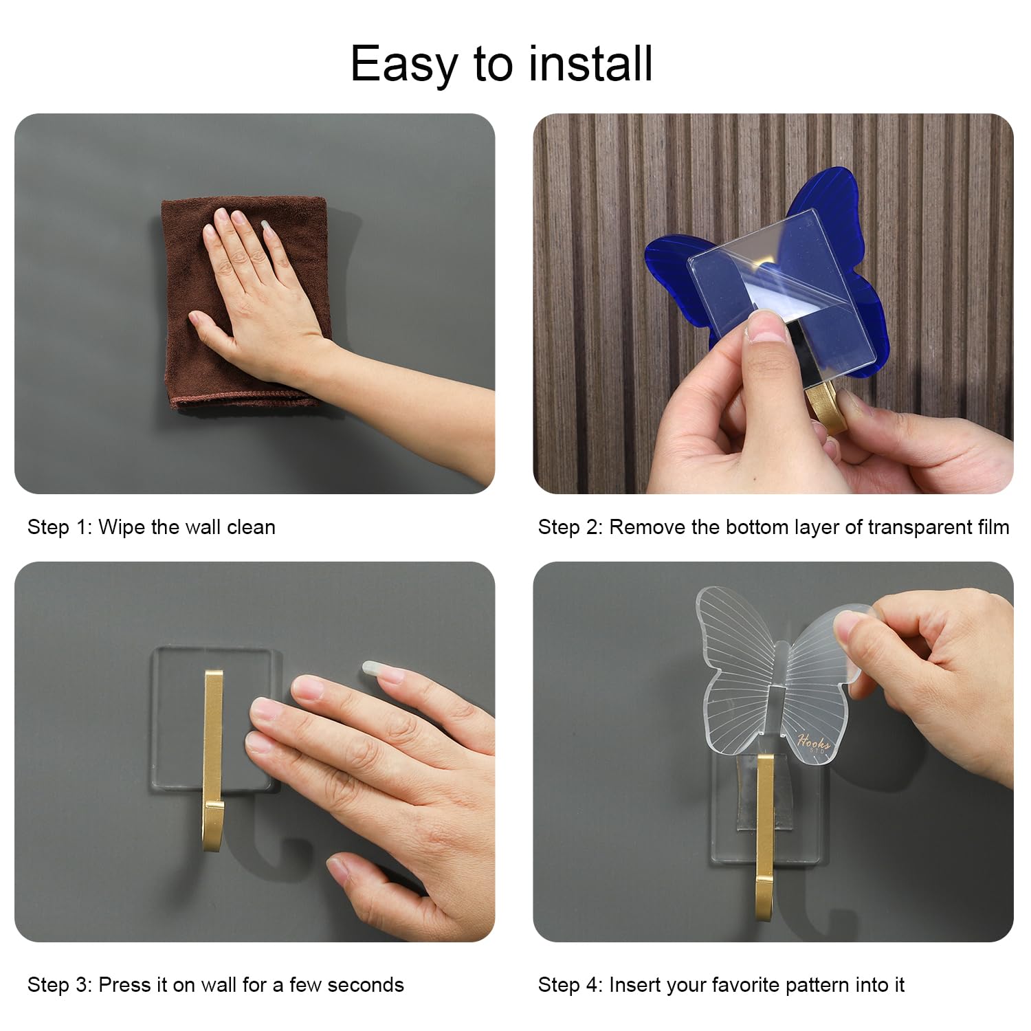 S.T.D Adhesive Hooks,Waterproof Rustproof 4 Colors Acrylic (Frosted) for Hanging Clothes, Towel, Hat, Bags, Key, Coat, Miscellaneous, Hook - Creative Butterfly May at Any Time Change Places(4Pack)