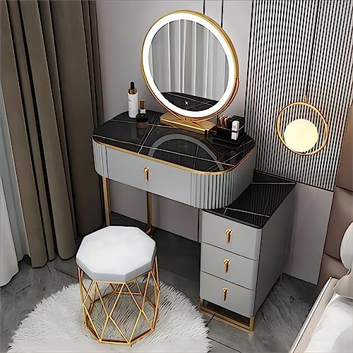 HAWEWE Makeup Vanity with 3-Color Touch Screen Lighted Mirror Drawers Modern Vanity Table Makeup Desk Dressing Table Including Stool Storage Drawers for Bedroom (Size : 70cm/27.5in)