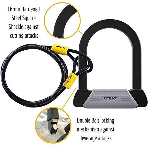 Bike U-Lock - Sigtuna Bike Lock Heavy Duty Anti-Theft with 4ft/1.2m Cable, Bicycle U-Lock with Sturdy Mounting Bracket for Mountain Bikes, Ebikes, Scooters
