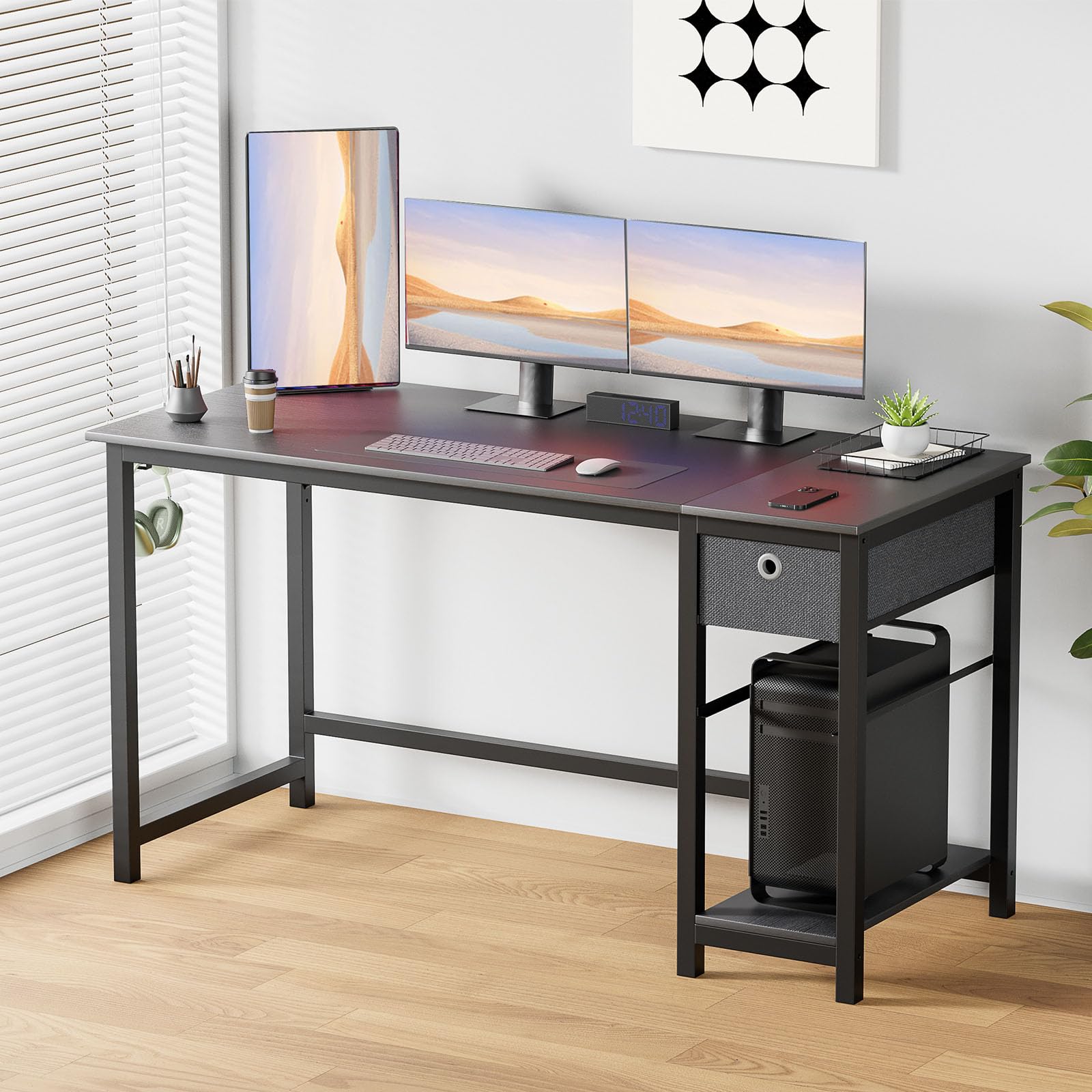 DUMOS Computer Small Desk with Drawers 40 Inch Office Bedroom Kids Writing Work Study 2-Tier Storage Drawers & Shelf Simple Modern Wood Table