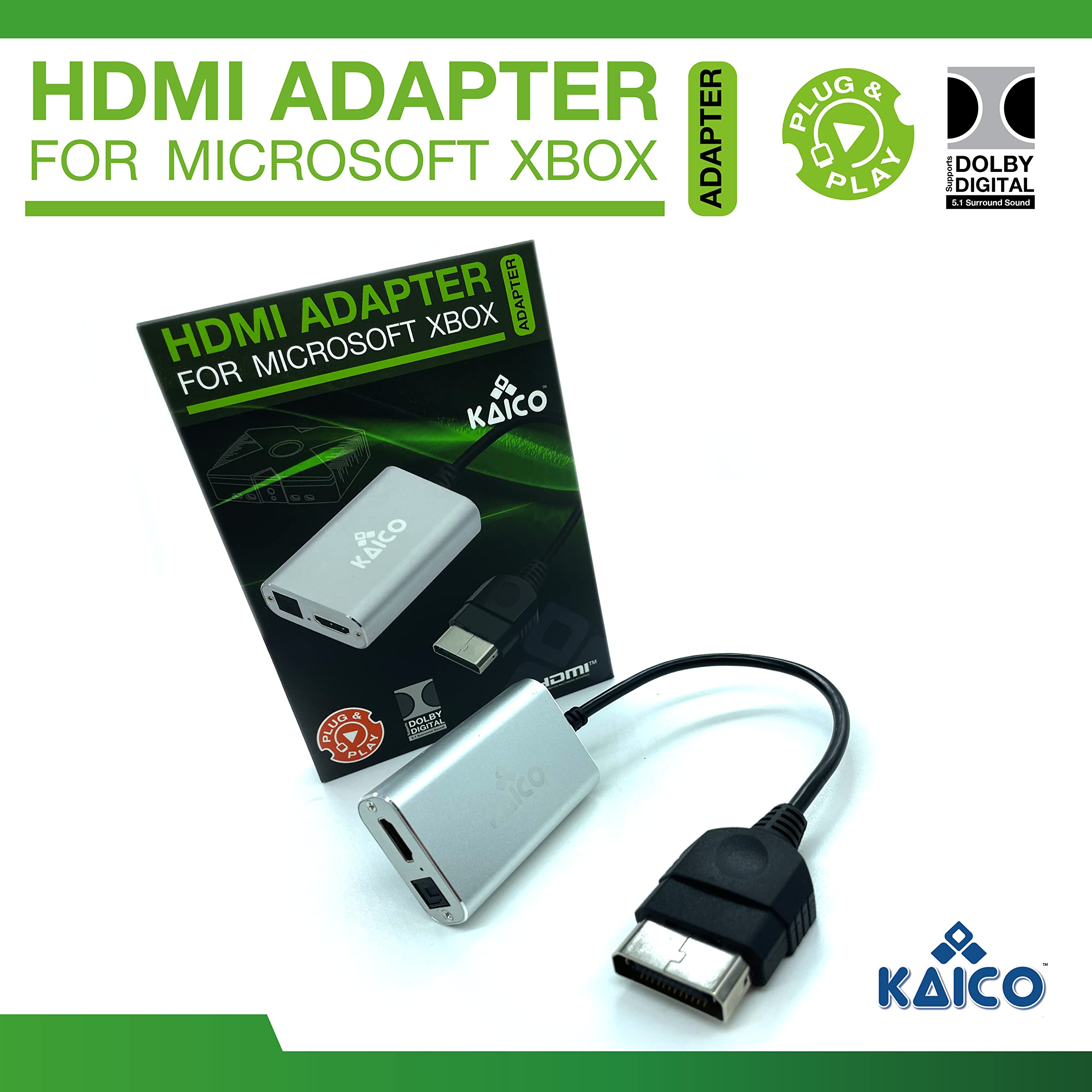 Kaico Original Xbox to HDMI Converter - Dolby Digital 5.1 via Optical Port - HD Link Cable for OG Xbox - Xbox to HDMI - Compatible with Original Xbox - Toslink Port to Support Amplifiers - Xbox2HDMI