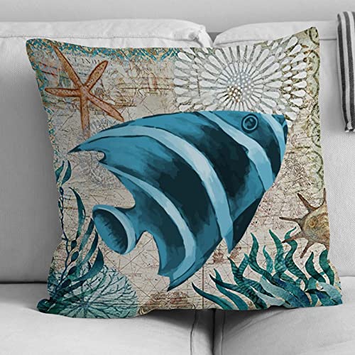 French Retro Ocean Animal Teal Blue Fish Throw Pillow Cushion with Zippe Nautical Sofa Pillow Blue Sea Turtle Rustic Pillow Sham for Living Room Bedroom White Linen 22x22in Housewarming Gift