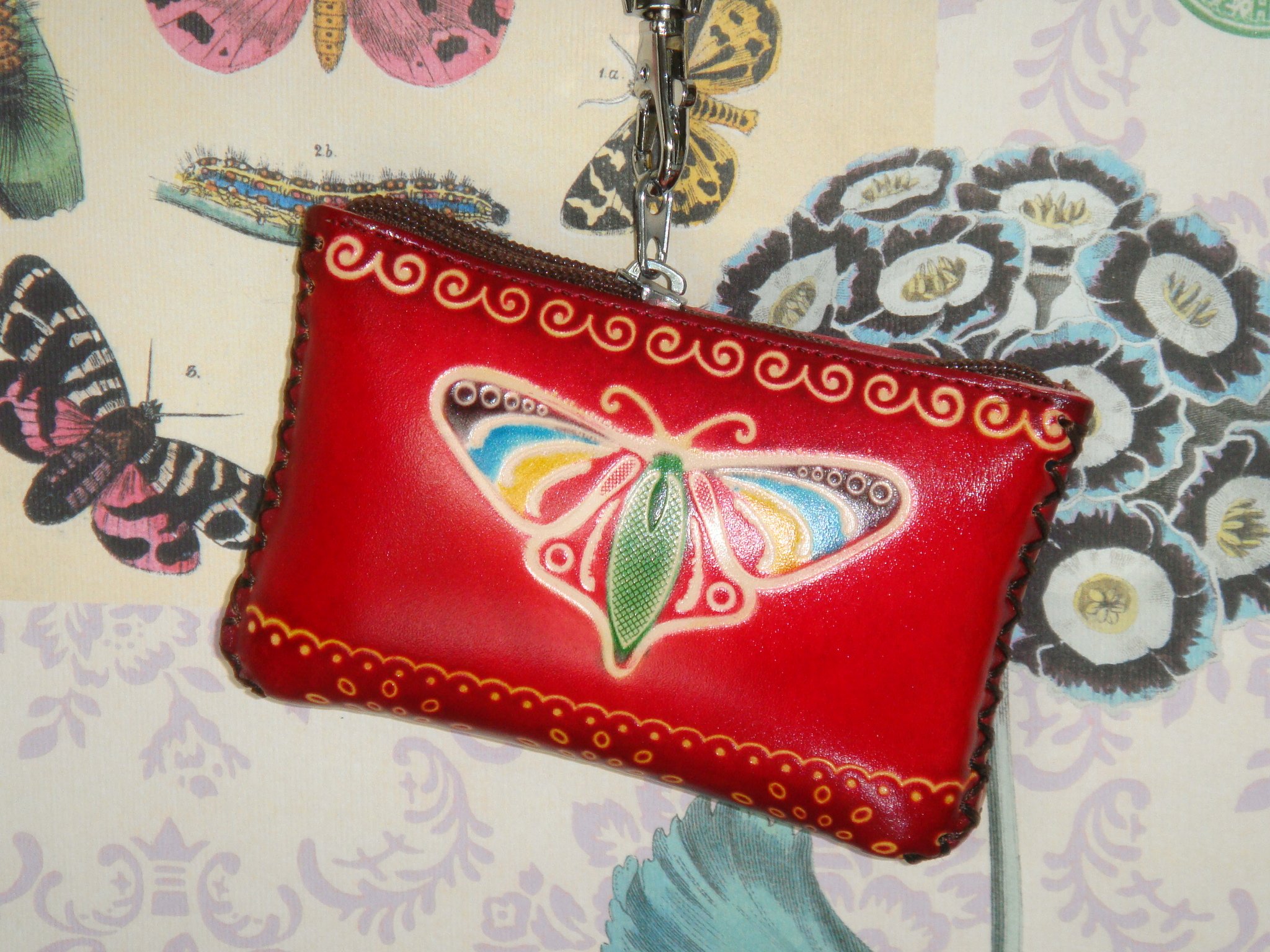 Leather Change Purse,rectangle shape,Hawaii Flower and butterfly Embossed, Handmade wallet,Wristlet and Zipper