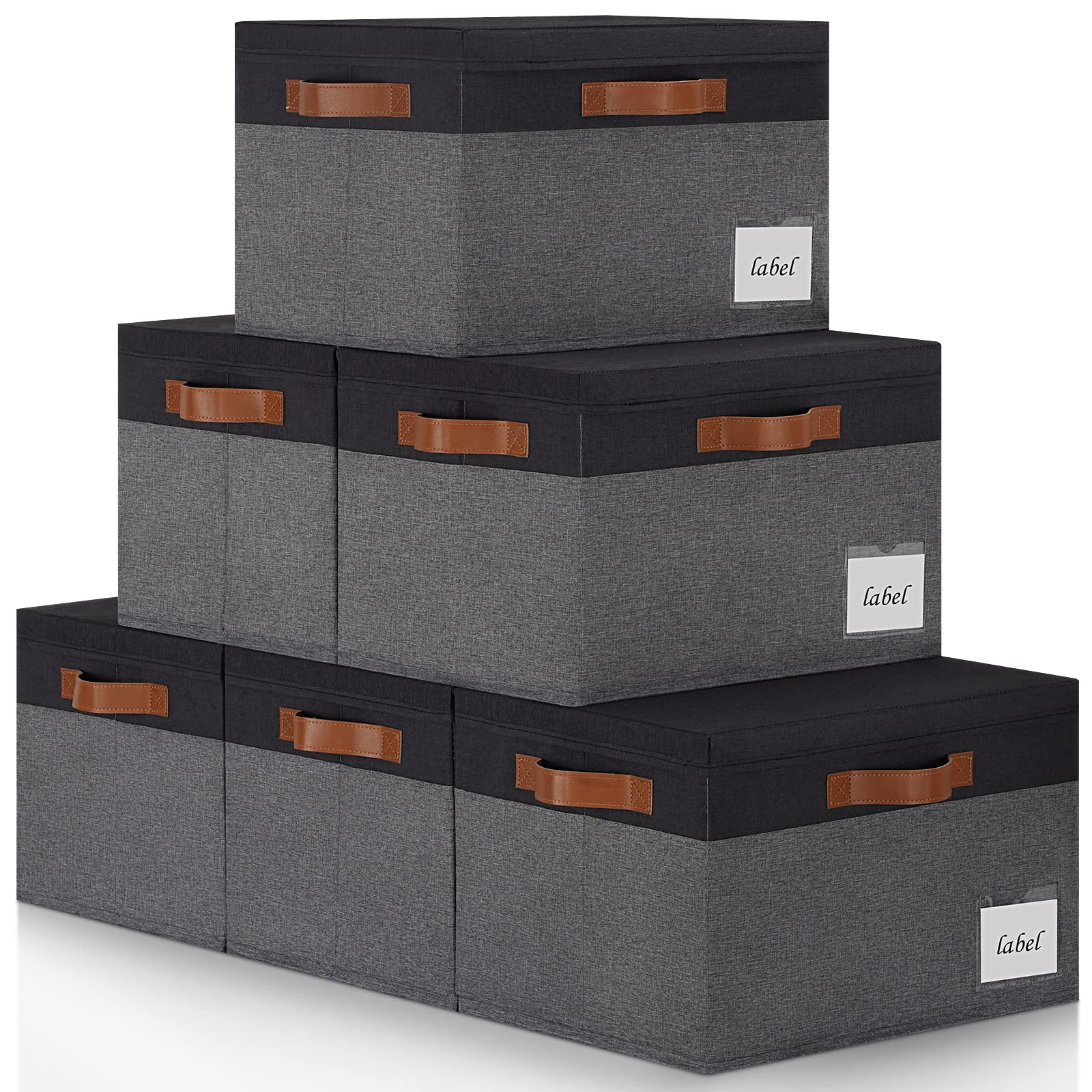 PFFVRP Extra Large Storage Bins with Lids, Foldable Fabric Storage Baskets with Lids, Sturdy Storage Boxes with Labels and 3 PU Handles for Closet Home Bedroom Office (32L, Grey&Black)
