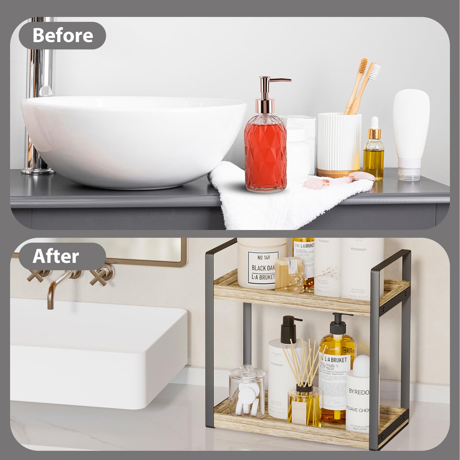 Fixwal Countertop Organizer for Bathroom, 2-Tier Wood Bathroom Counter Organizers Shelf Cosmetic Storage Standing Vanity Tray Kitchen Spice Rack, Light Brown
