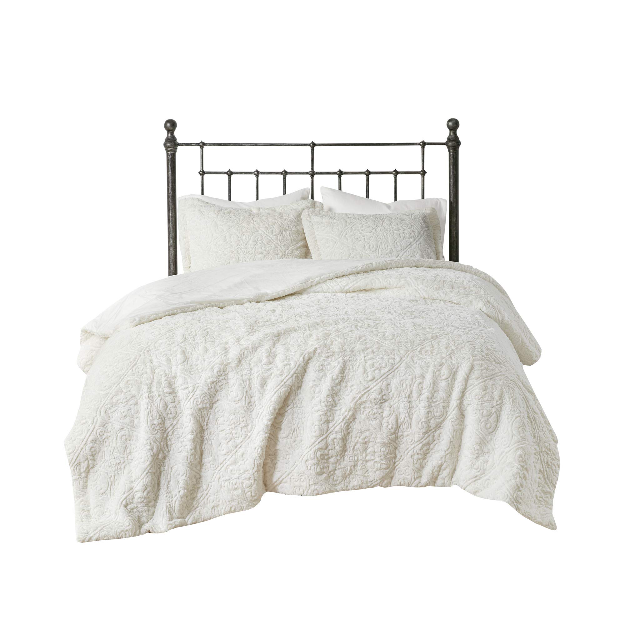 Madison Park Bismarck Full/Queen Size Bed Comforter Set - Ivory, Embroidered Medallion – 3 Pieces Bedding Sets – Faux Fur Plush Bedroom Comforters (MP10-2000)