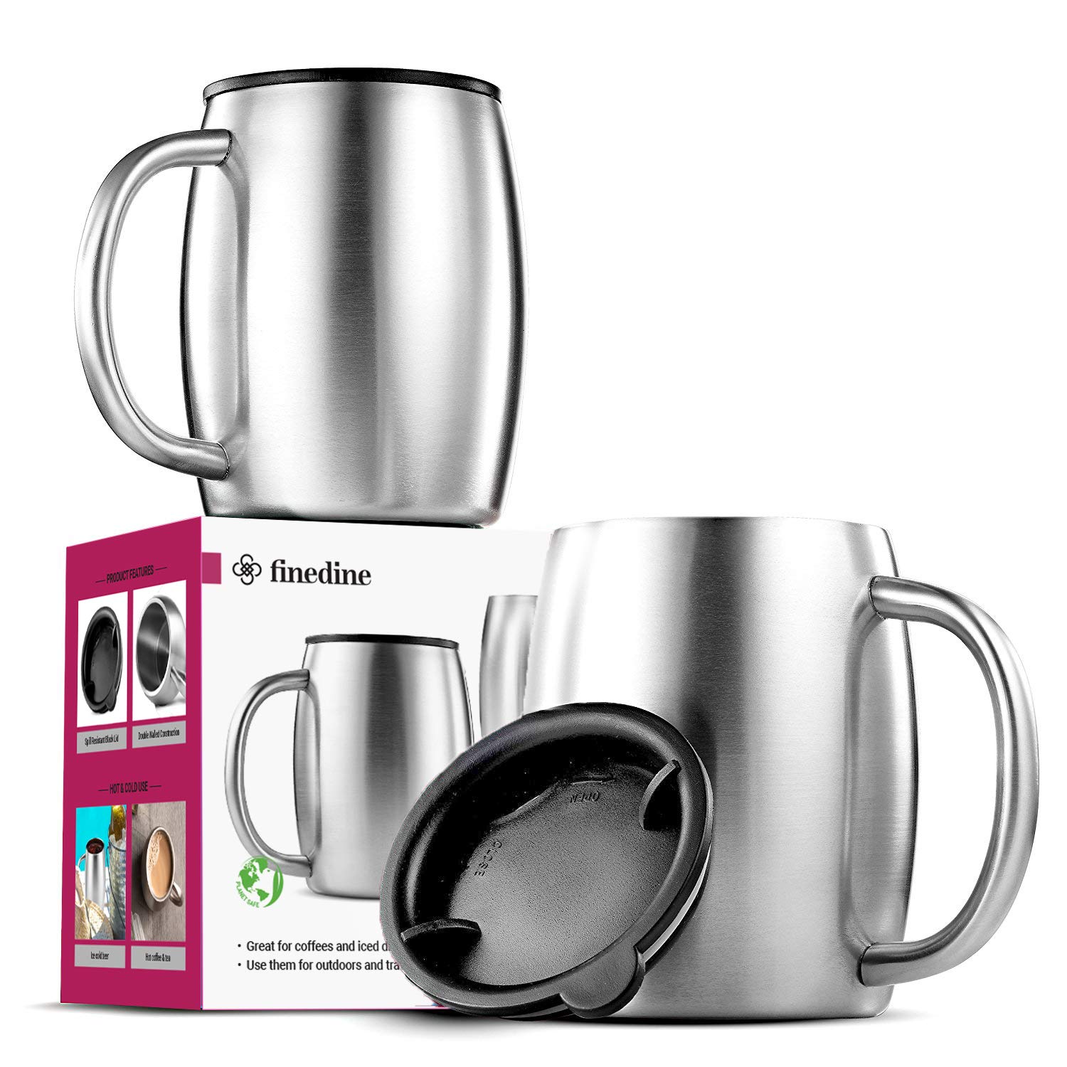 FineDine Insulated Stainless-Steel Coffee Mug with Lid and Handle (2 Pk) 14 oz - BPA-Free Spillproof Lid, Double-Wall Camping Travel Coffee Mugs, White/Black