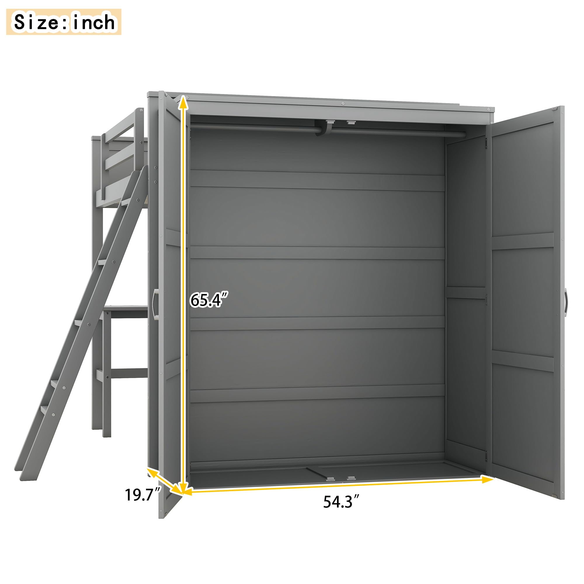 LostCat Full Size Loft Bed with Desk and Wardrobe, Wooden High Loft Beds Frame with Storage Shelves & Closet for Kids,Teens, Adults,No Box Spring Needed, Noise Free for Dorm Bedroom, Grey