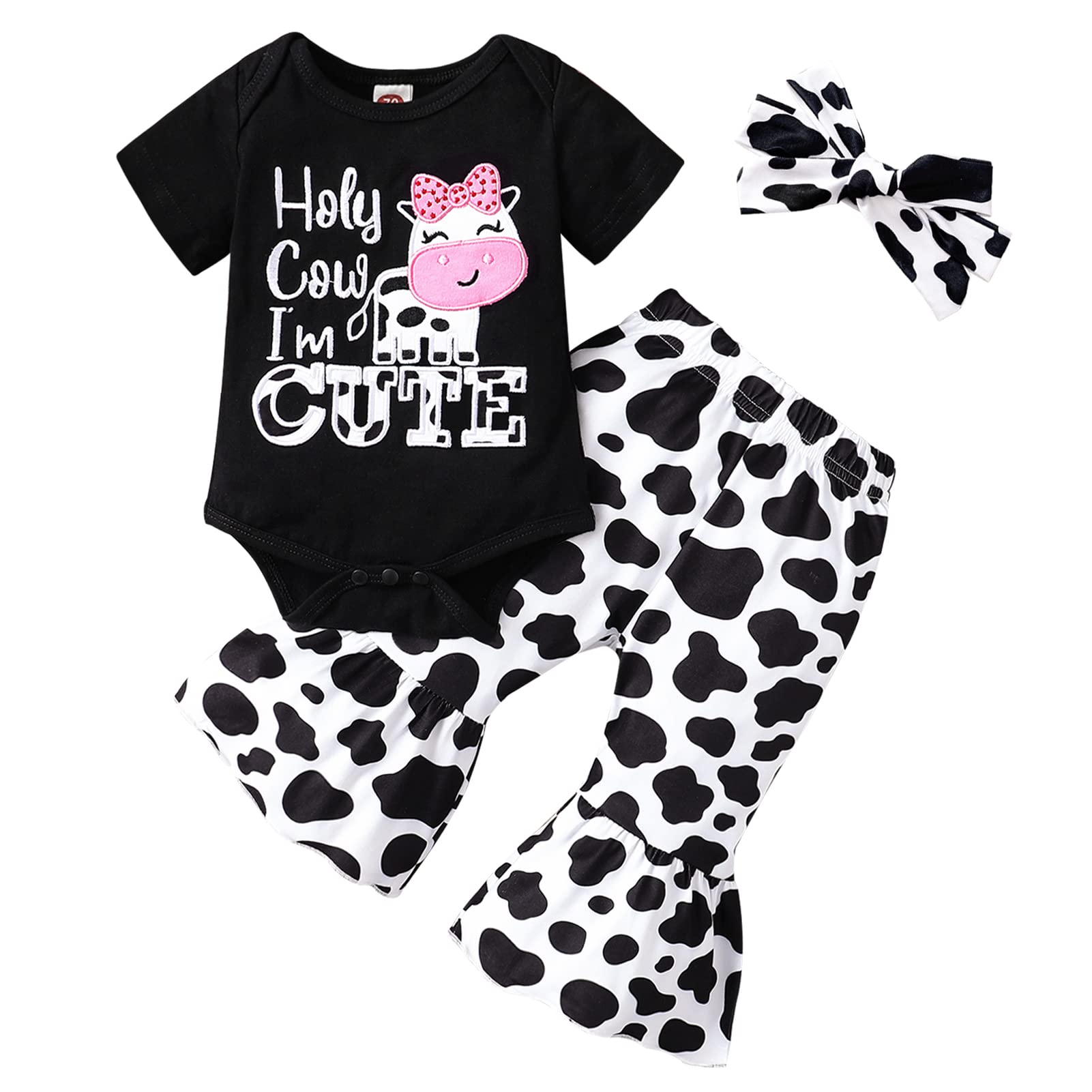 GRNSHTS Newborn Girl Clothes Baby Cow Letter Print Romper+Flared Long Pants+Headband 3PCS Cute Summer Fall Outfits (Black A, 0-3 Months)