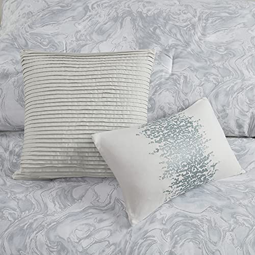 Madison Park Emory Cozy Cotton Comforter Set, Modern Marble Design All Season Down Alternative Casual Bedding with Matching Shams, Decorative Pillows, Queen(90"x90"), Grey 7 Piece