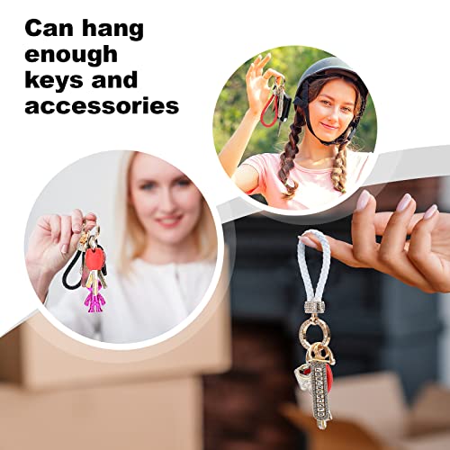 MUGVOLAX Anti-Lost car Keychains, Key fob Chains with Phone Number Plate, Leather Woven key chains, Accessories With Bling Rhinestones (White)