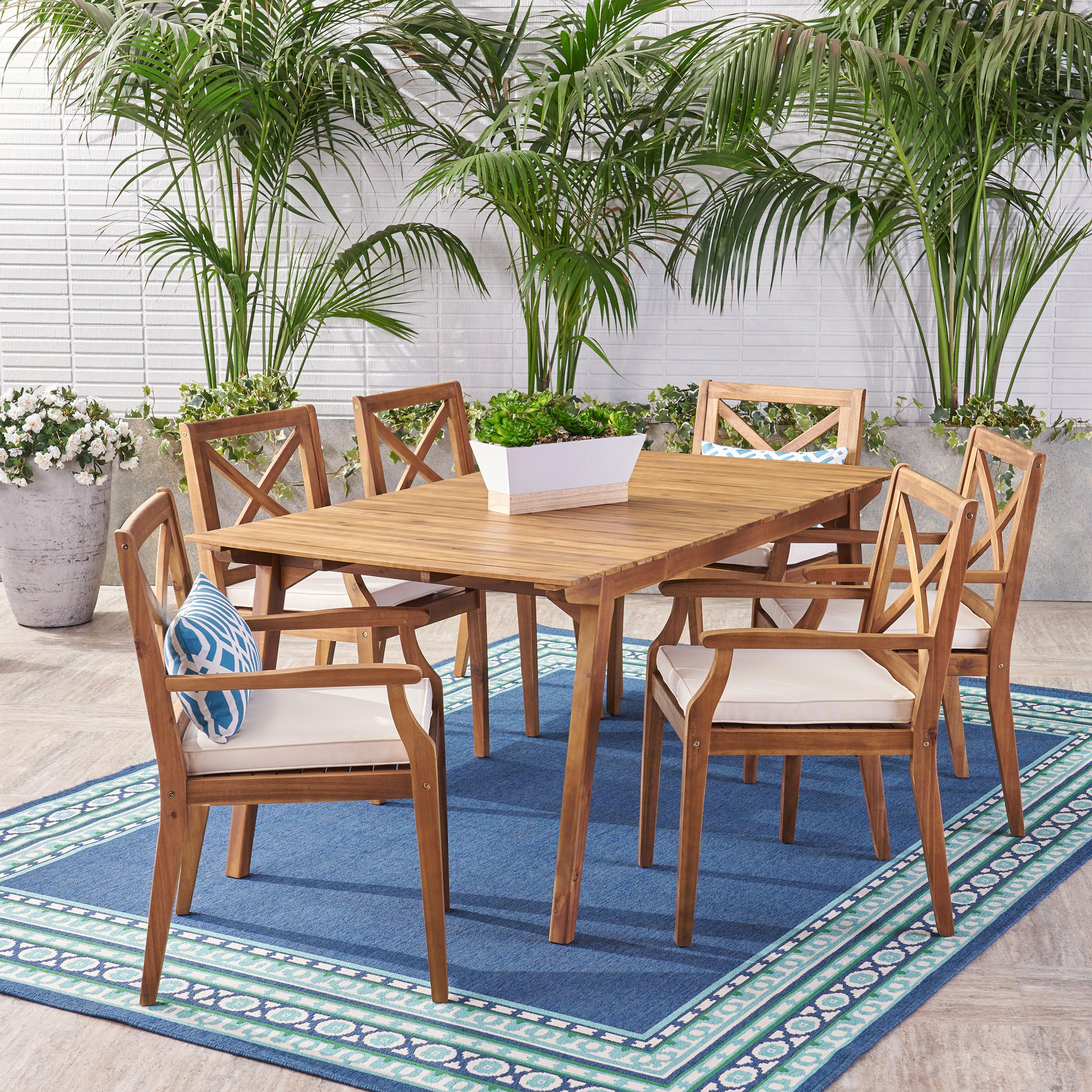 Christopher Knight Home Mesa Outdoor 7-Piece Acacia Wood Dining Set, 21.25 "W x 23.25 "D x 35.5 "H, Teak + Cream