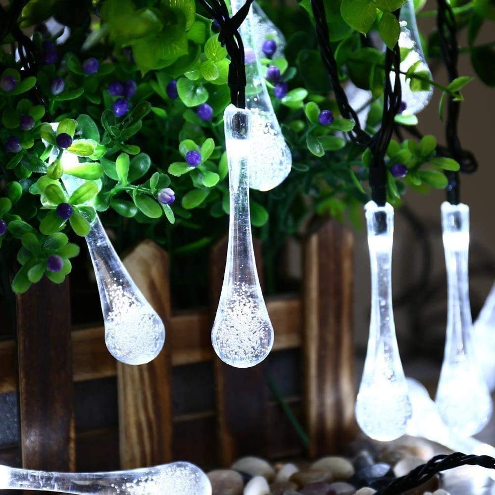 iShabao Solar String Lights, 50 LED Advanced Water Drop Solar Fairy String Lights Outdoor Waterproof, 8 Modes Solar Lights for Patio, Lawn, Home, Garden, Wedding, Party Decorations (White)
