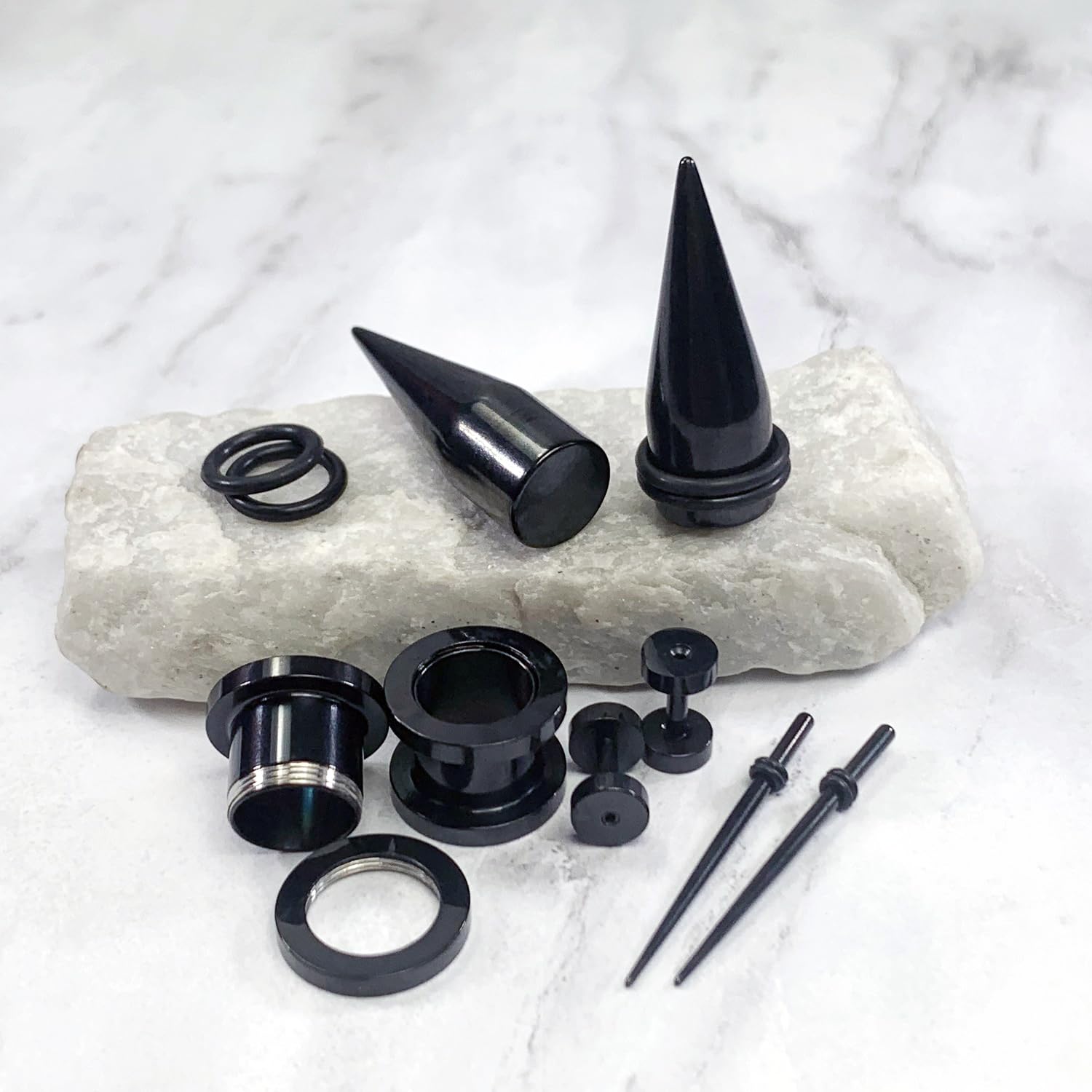 BodyJ4You 36PC Ear Stretching Kit - 14G-00G Beginner Gauges - Black White Splatter Steel Tapers Single Flare Tunnels Plugs - Stretchers Expanders Eyelets