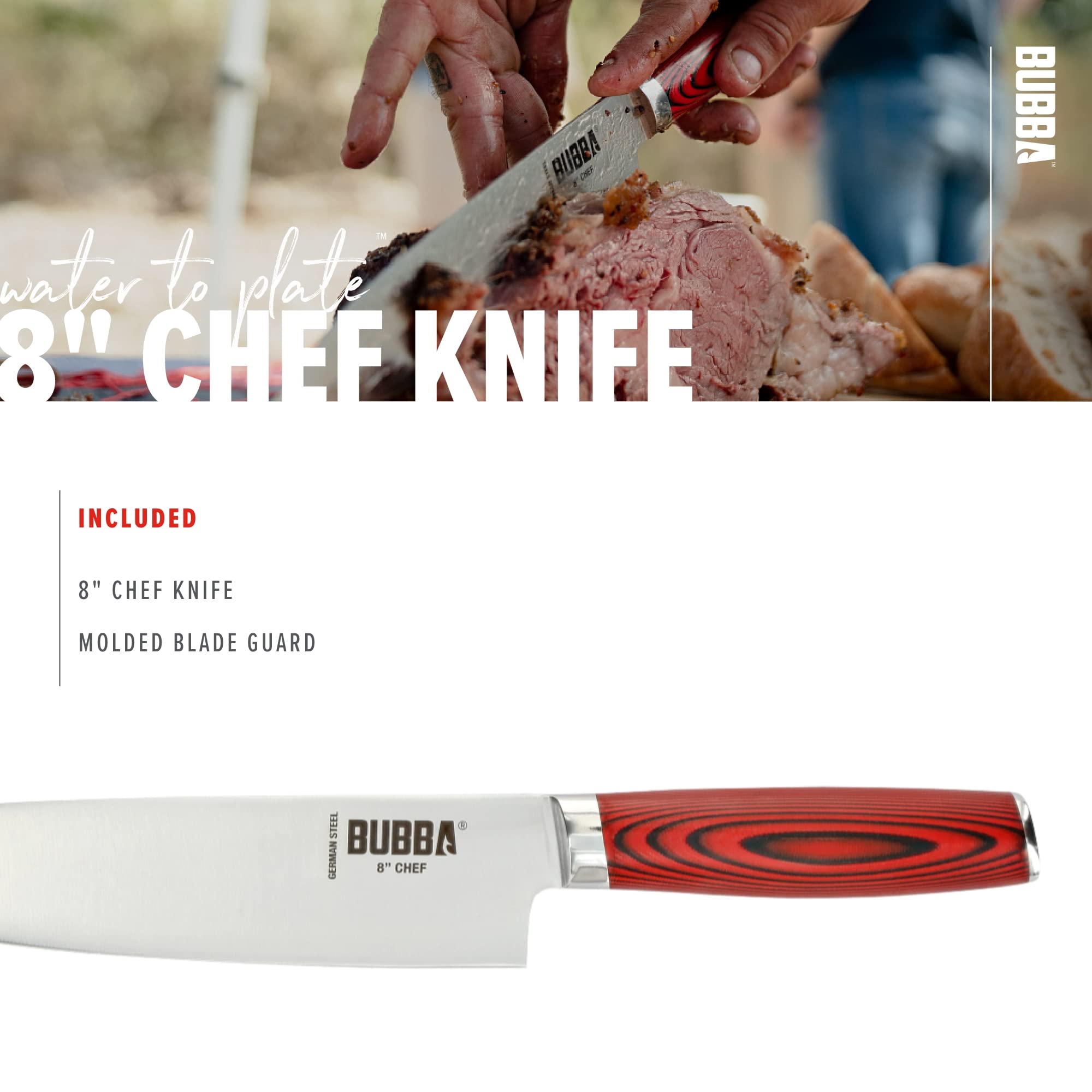 BUBBA Kitchen Series 8" Chef Knife, an all-purpose kitchen knife for Chopping, Mincing, Slicing and Dicing with a premium German Steel Blade for all your kitchen needs