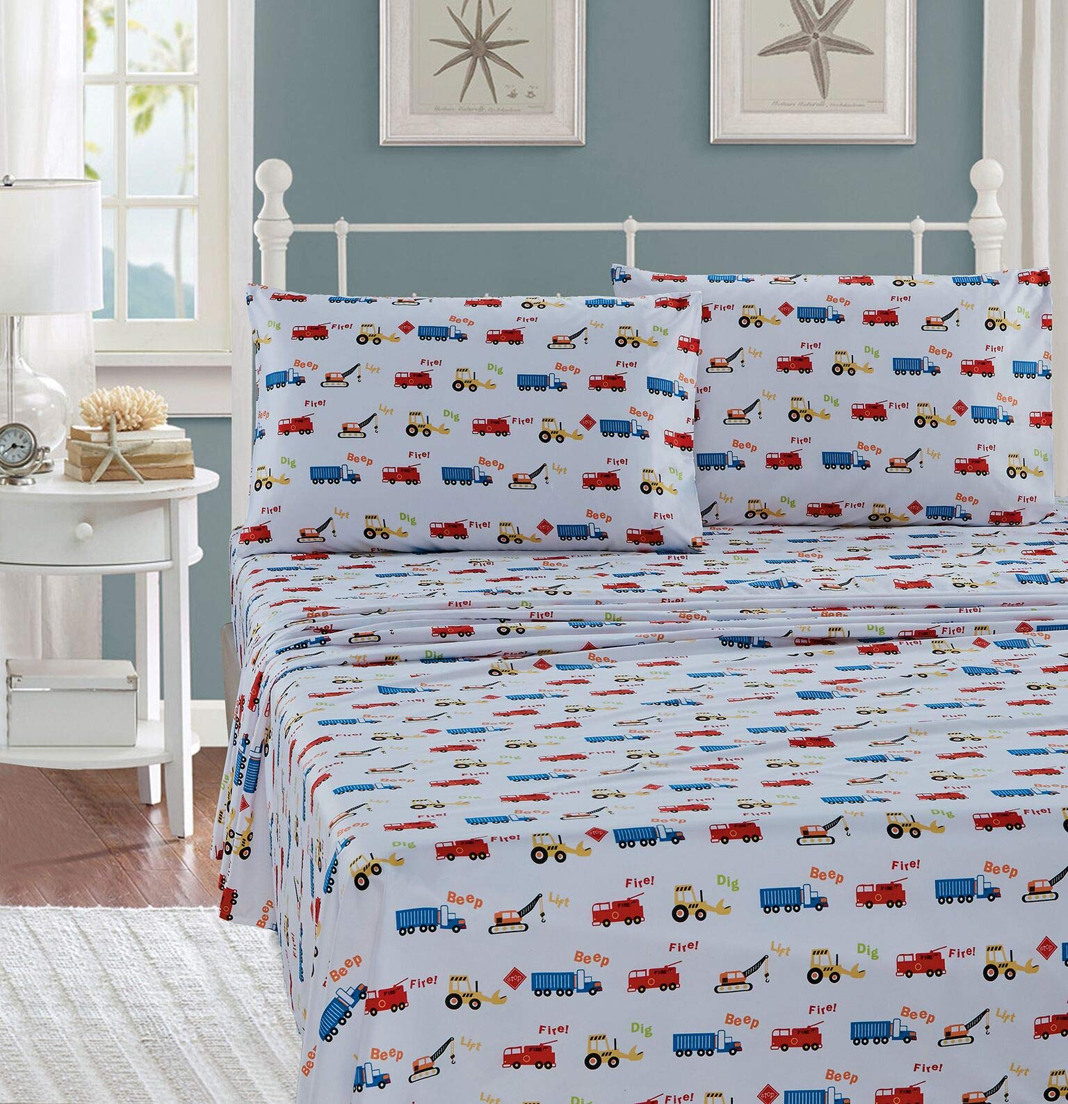 Better Home Style Multicolor Cranes Backhoes Construction Equipment Trucks Fire Engine Design for Kids/Boys 3 Piece Sheet Set with Pillowcase Flat and Fitted Sheets # Crane (Twin)
