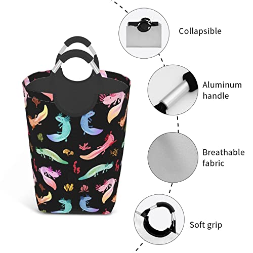 Foldable Square Laundry Hamper Colorful Axolotl Portable Folding Washing Bin Waterproof Collapsible Laundry Bag 50L Large Clothes Storage Basket with Handles for Home Bedroom