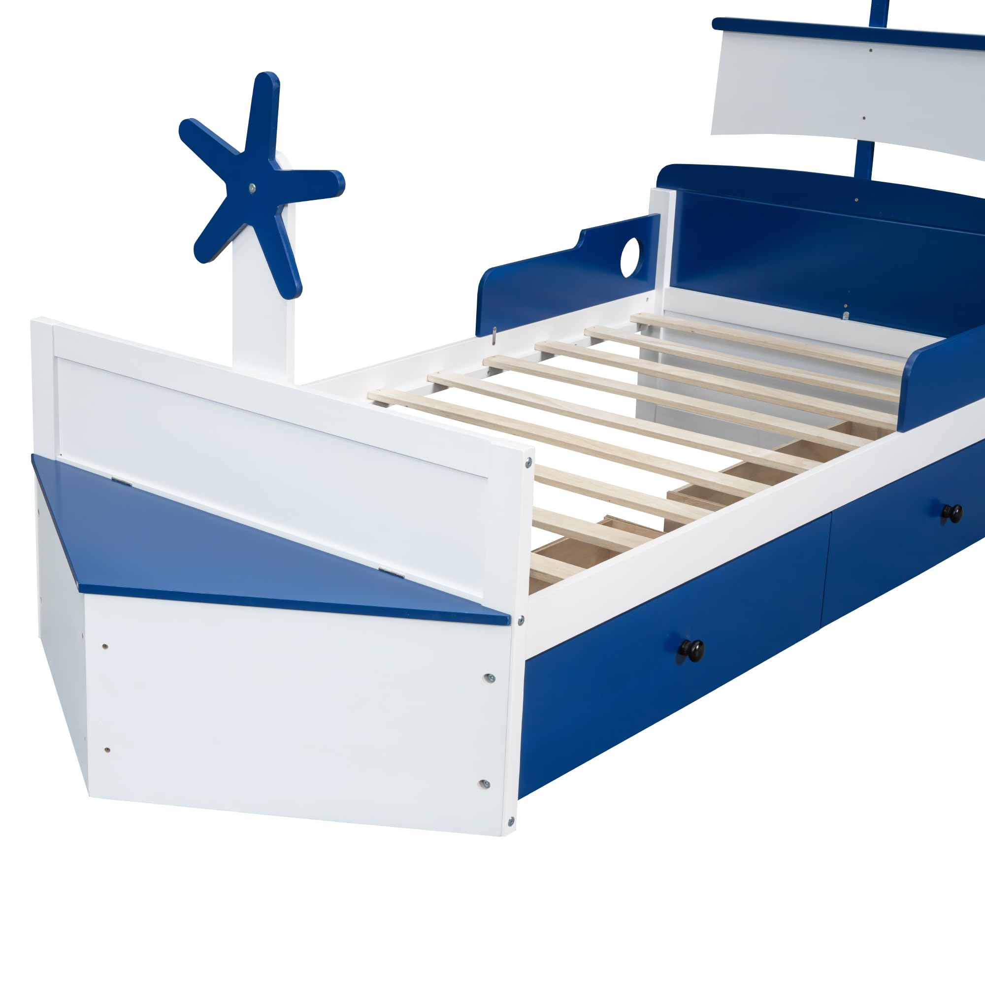 Merax, White+Blue Kids Sailboatboat-Shaped Frame with 2, Wood Platform Bed with Storage Ottoman,Easy Assemble, Twin w/Drawers