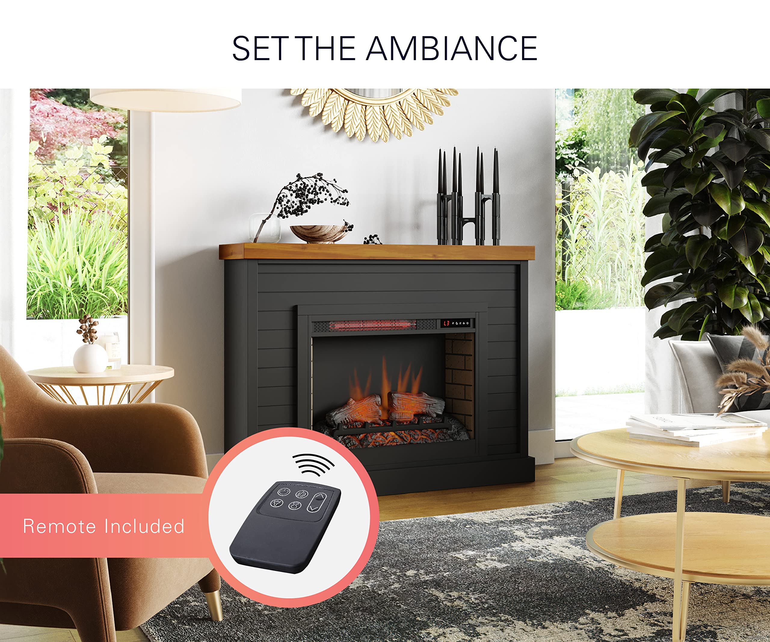 Bridgevine Home Washington Modern Farmhouse Electric Fireplace with Mantel, 48 inches, Poplar and Knotty Alder Solid Wood, Black and Whiskey Finish