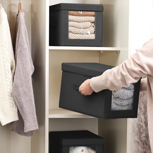 DIMJ Closet Storage Bins With Lids, Fabric Storage Boxes With Lids, Foldable Storage Cubes With Window, Decorative Fabric Storage Bins for Clothes Towel Books,4 Pack Black