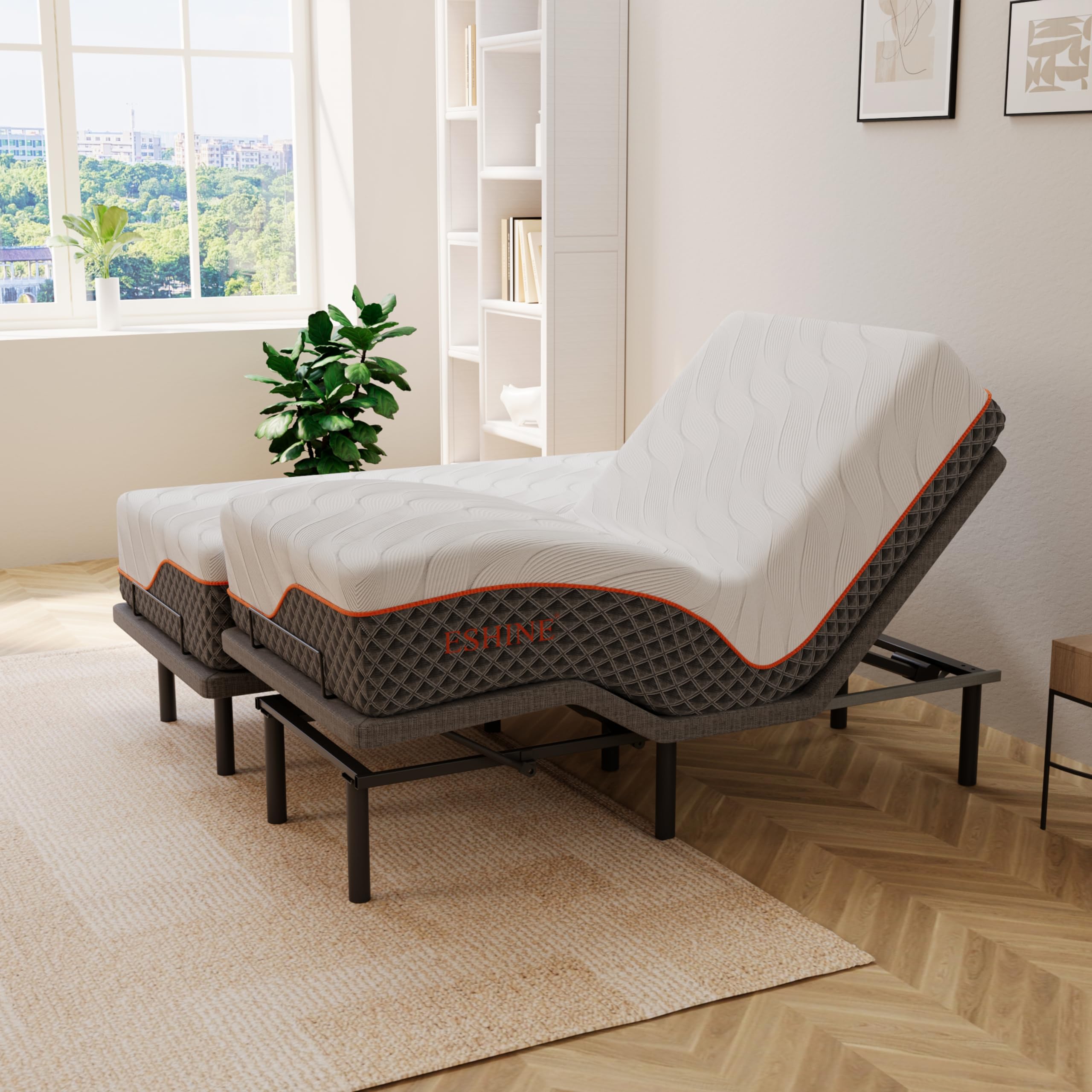 ESHINE 14" Hybrid Mattress Twin XL + Adjustable Bed Frame - Luxury Gel Memory Foam, Upholstered Bed Frames with Massage, USB, Under Bed Night Light, Head and Foot Incline, Split King