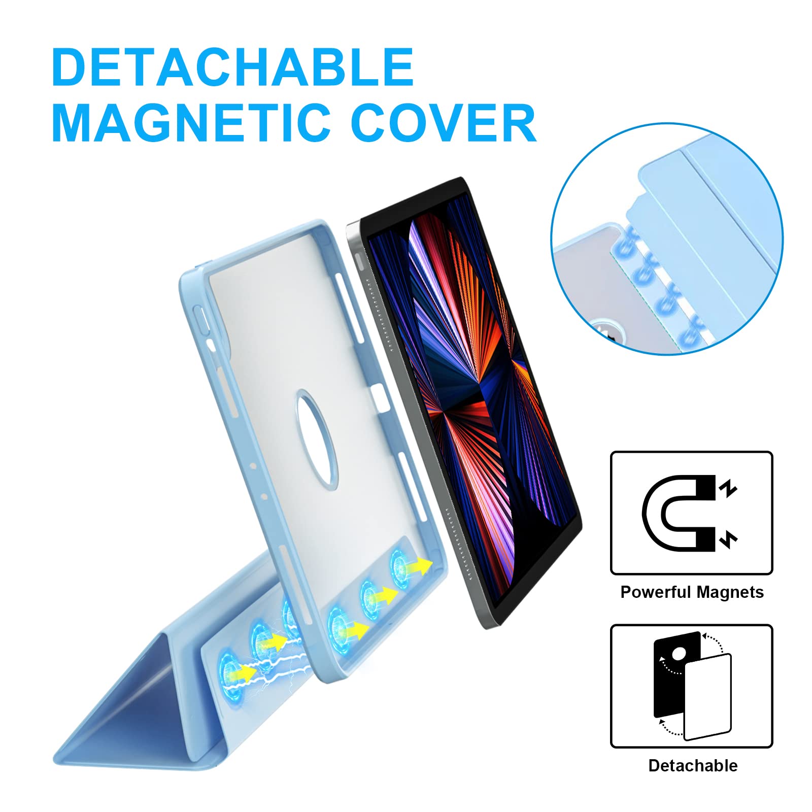 Case for iPad Pro 12.9 2022/2021/2020/2018 Gen 6th/5th/4th/3rd,2 in 1 Detachable Magnetic Case,Anti-fingerprint Frosted Case and Washable Leather Protective Cover Support Pen Charger(Blue)