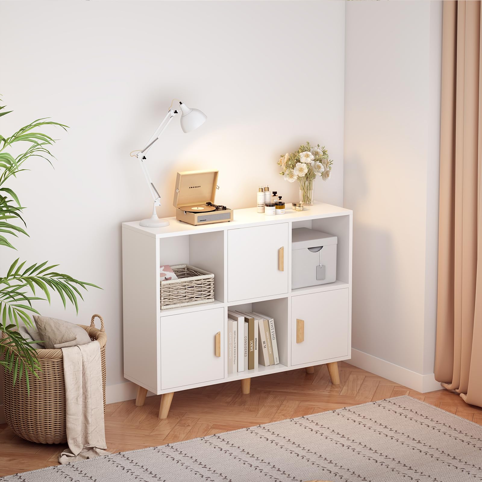OSCHF Cubby Shelf Bookcase with Doors - Wooden 6 Cube Floor Standing Open Bookshelf with Solid Wood Legs, 2-Tier Low Storage Cabinet, Warm White