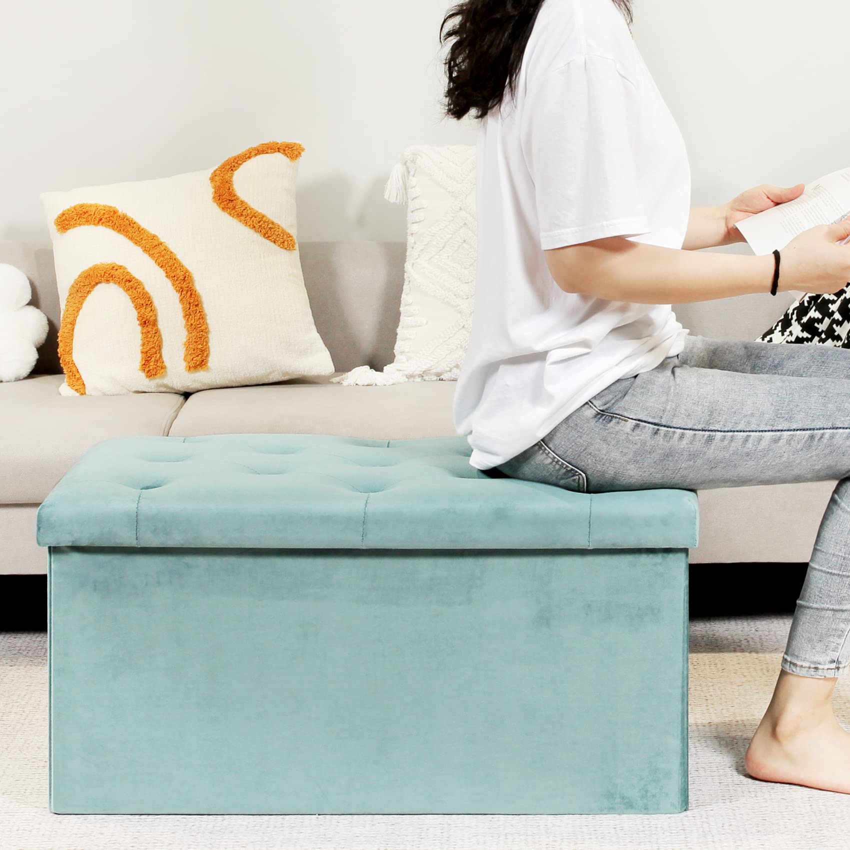 B FSOBEIIALEO Folding Storage Ottoman, Long Ottomans Shoes Bench, Velvet Storage Chest Footrest Seat 31.5"x15.7"x15.7" (Teal, Large)