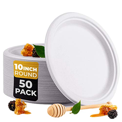 Beeleeve [50-Pack / 10-Inch 100% Compostable Disposable Round Bagasse Paper Plates - Biodegradable Sugarcane Fibre - Strong Heavy Duty Rigid Design - Sustainable & Food-Grade - White